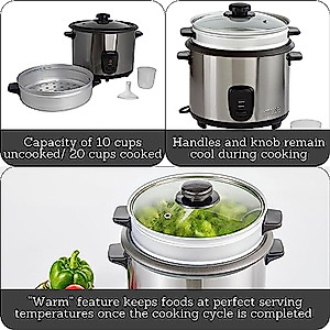 IMUSA USA GAU-00023 Electric Rice Cooker with Steam Tray 10-Cup Uncooked Rice (20-Cup Cooked Rice), Stainless Steel