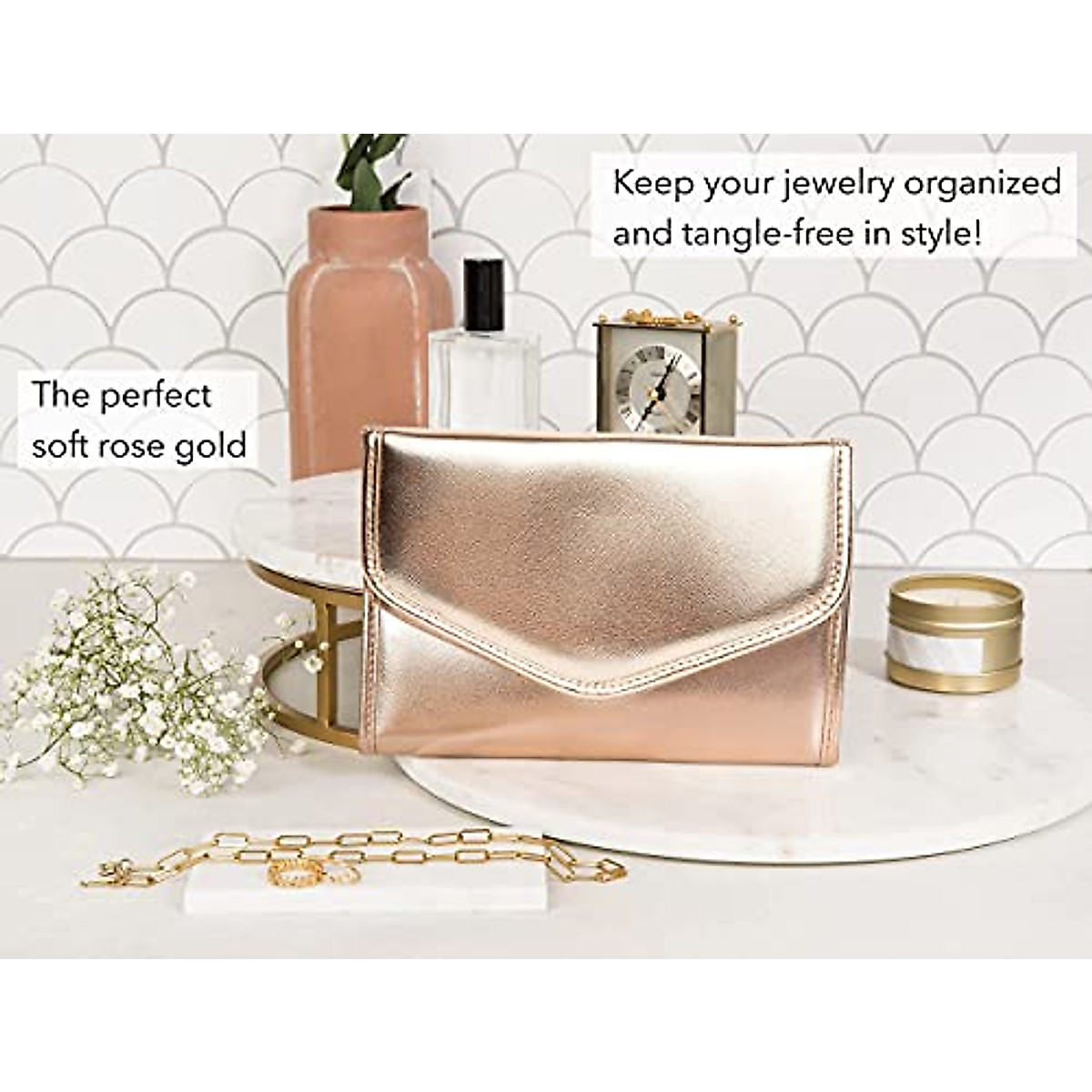 Altitude Boutique Travel Jewelry Organizer Roll Foldable Jewelry Case for Journey Packing Vacation-Rings, Necklaces, Bracelets, Earrings (Rose Gold, Medium)