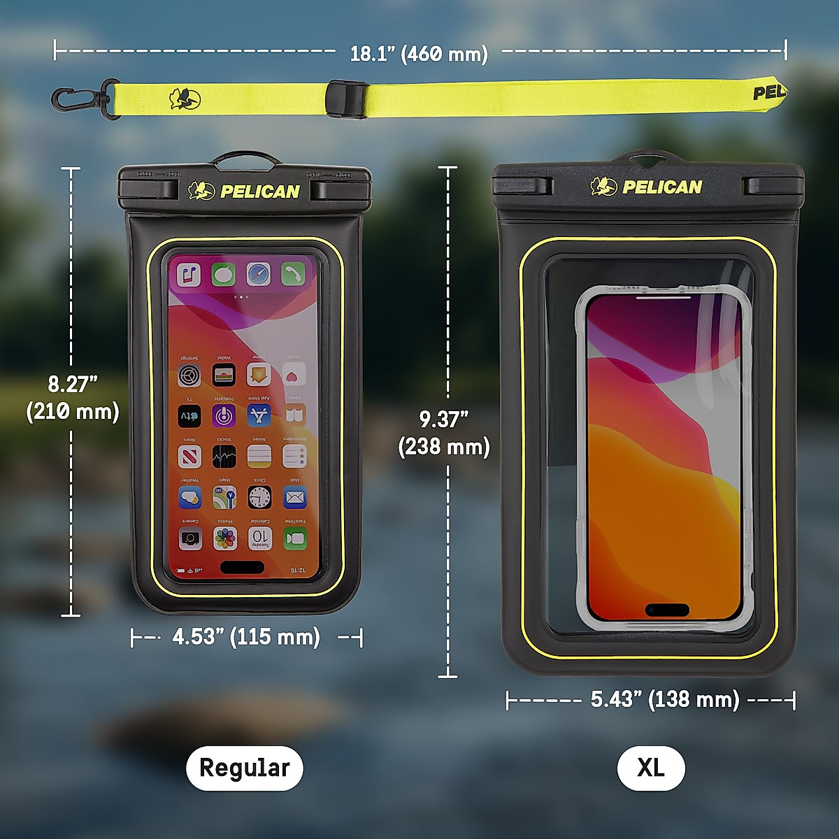 Pelican 2 Pack Marine - IP68 Waterproof Phone Pouch (XL Size) - Floating Waterproof Phone Case - iPhone 15 Pro Max/ 14 Pro Max/ 13 Pro Max/ 12/ S24 Ultra - Detachable Lanyard - Black / Hi-Vis Yellow