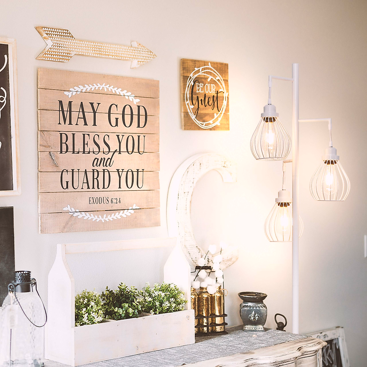 Brightech Teardrop LED Floor Lamp – Tree Standing Lamp with 3 Elegant Cage Heads & Edison Bulbs – Standing Lamp for Living Rooms & Offices – Tall Standing Lamp Ideal for Bedroom Reading – Alpine White