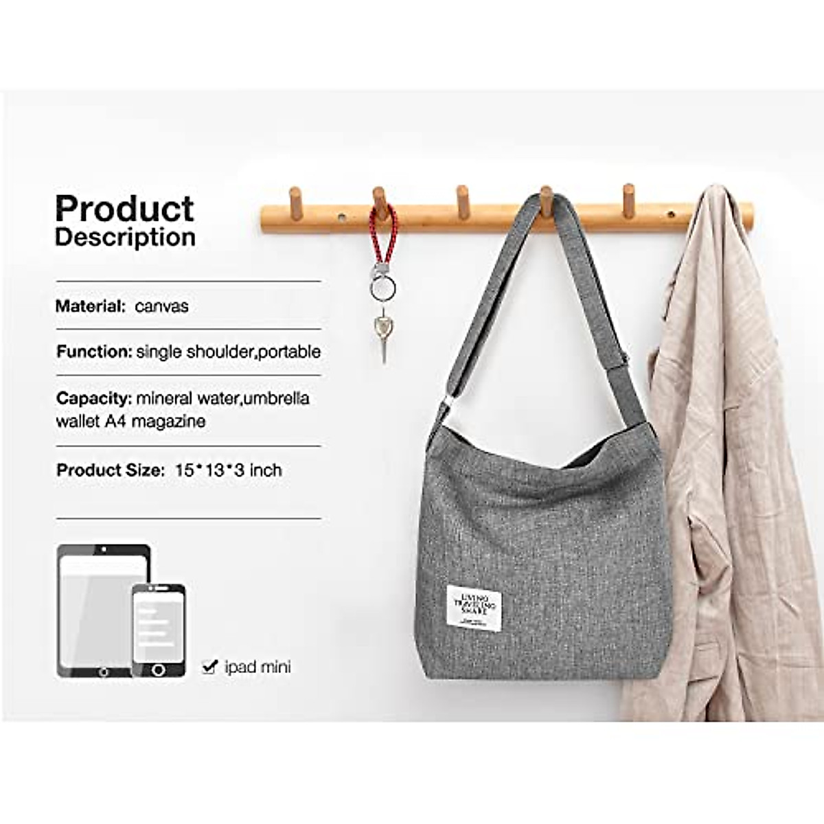 Ndeno Womens Canvas Shoulder Bags Crossbody Hobo Tote Bags Large Handbags Casual Shopping Work Travel Bag (Gray)