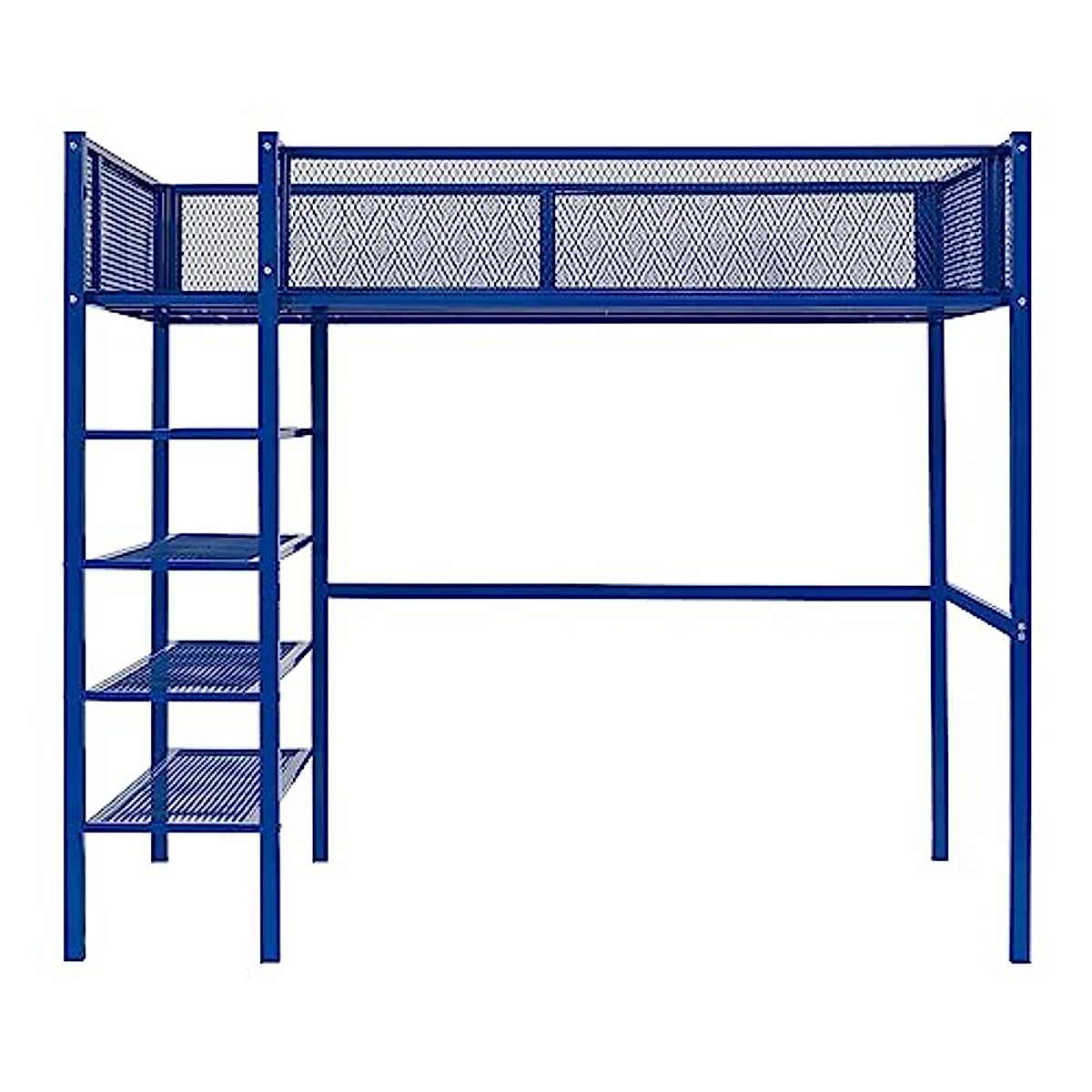 FIQHOME Twin Size Metal Loft Bed with 4-Tier Shelves,Heaty Metal Loft Bedframe with Safety Guardrail and Storage,Space Saving Loft Bed Twin for Kids Teens, Blue