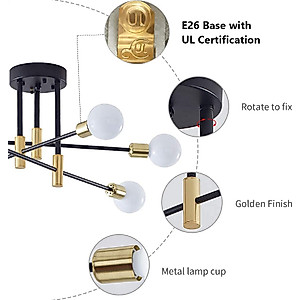 Sputnik Chandelier Modern Ceiling Light Fixture Mid Century Black and Gold Industrial Pendant Light Semi Flush Mount Lighting for Living Room Dining Room Bedroom Kitchen Bar Cafe