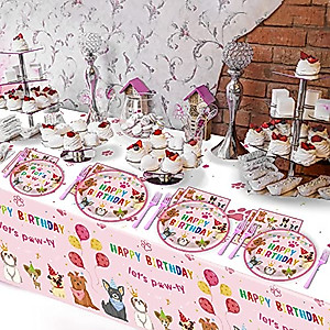 98pcs Dog Birthday Party Decorations Puppy Tableware Set Plates Napkins Pink Dog Theme Tablecloth for Girls Birthday Lets Pawty Party Supplies Kit Pet Dog Table Cover Dinnerware Paw Print Party Favors
