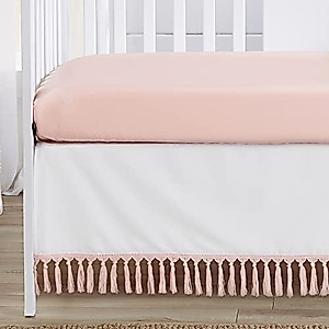 Sweet Jojo Designs Boho Bohemian Baby Girl Nursery Crib Bedding Set - 4 Pieces - Blush Pink and White Farmhouse Shabby Chic Designer Modern Minimalist Tuft Tufted Tassel Fringe Macrame Cotton