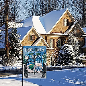 Covido Home Decorative Hello Winter Blue Gnome Garden Flag, Black Truck Yard Outside Decorations, Pickup Outdoor Small Decor Double Sided 12x18