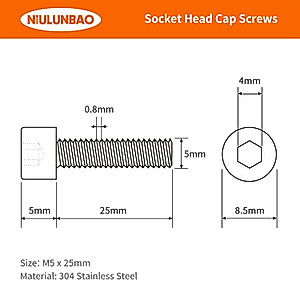 M5-0.8 x 25mm Hex Socket Head Cap Screws Bolts 304 Stainless Steel Metric Machine, Allen Hex Drive, Fully Thread, 50PCS