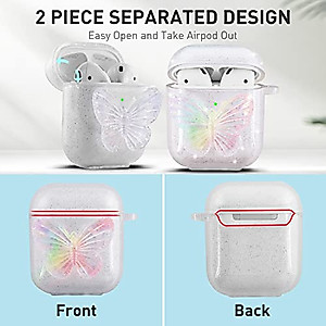 Aiiko 3D Butterfly Airpod Case with Keychain Clear Glitter Airpod Gen 2 Case for Women Girl Soft TPU Shockproof Protective Compatible Apple AirPods 1st 2nd Generation Charging Case