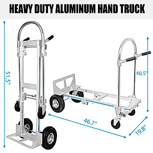 TOPDEEP 2 in 1 Aluminum Hand Truck, Industrial Convertible Hand Truck and Dolly 1000 LBS Capacity, Heavy Duty Hand Truck Flatform Cart with 10" Hi Tech Rubber Wheels