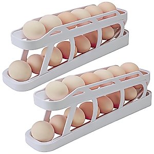 HAHOME Egg Holder for Fridge, Egg Dispenser Auto Rolling Egg Tray Storage and Organizer, Space-Saving Egg Roller for Refrigerator, White 2PCS