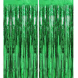 2 Pack 3.2 ft x 9.8 ft Green Tinsel Curtain Party Backdrop Decorations, Metallic Foil Fringe Backdrop Door for Halloween, Christmas, Birthday Graduation Wedding Party Streamers Photo Backdrop.