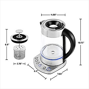 OVENTE Glass Electric Kettle Hot Water Boiler 1.7 Liter ProntoFill Tech Portable Kettle w/ Set Temperature Control, 1500W Keep Warm BPA Free w/ Stainless Steel Base & Tea Maker Infuser - Silver KG733S