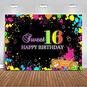 Avezano Sweet 16 Backdrops Neon Glow in The Dark Happy 16th Birthday Party Banners Decorations Graffiti 16th Birthday Parties Backgrounds(7x5ft)