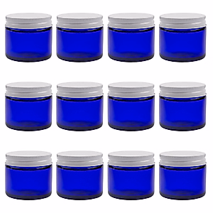 Cornucopia Brands 2oz Cobalt Blue Glass Jars w/Metal Lids (12 Pack); Straight Sided Containers for Creams, Cosmetics, Lotions and More