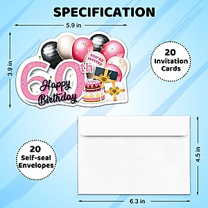 ERHACHAIJIA 20 PCS Pink & Black Golden Balloons & Cake Shaped Fill-In Invitations Cards With Envelopes, Funny 60th Happy Birthday Party 60 Year Old Birthday Invites For Women Lady Wife Mom Adults