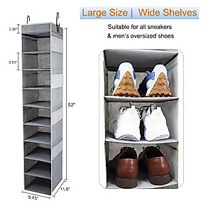roomtalk Large-Sized Hanging Shoe Organizer 10-Shelf, Sturdy Hanging Closet Organizer with 8 Side Pockets, Wider Hanging Shelves for Storage Shoes Clothes Jeans Shirts Toys, Grey