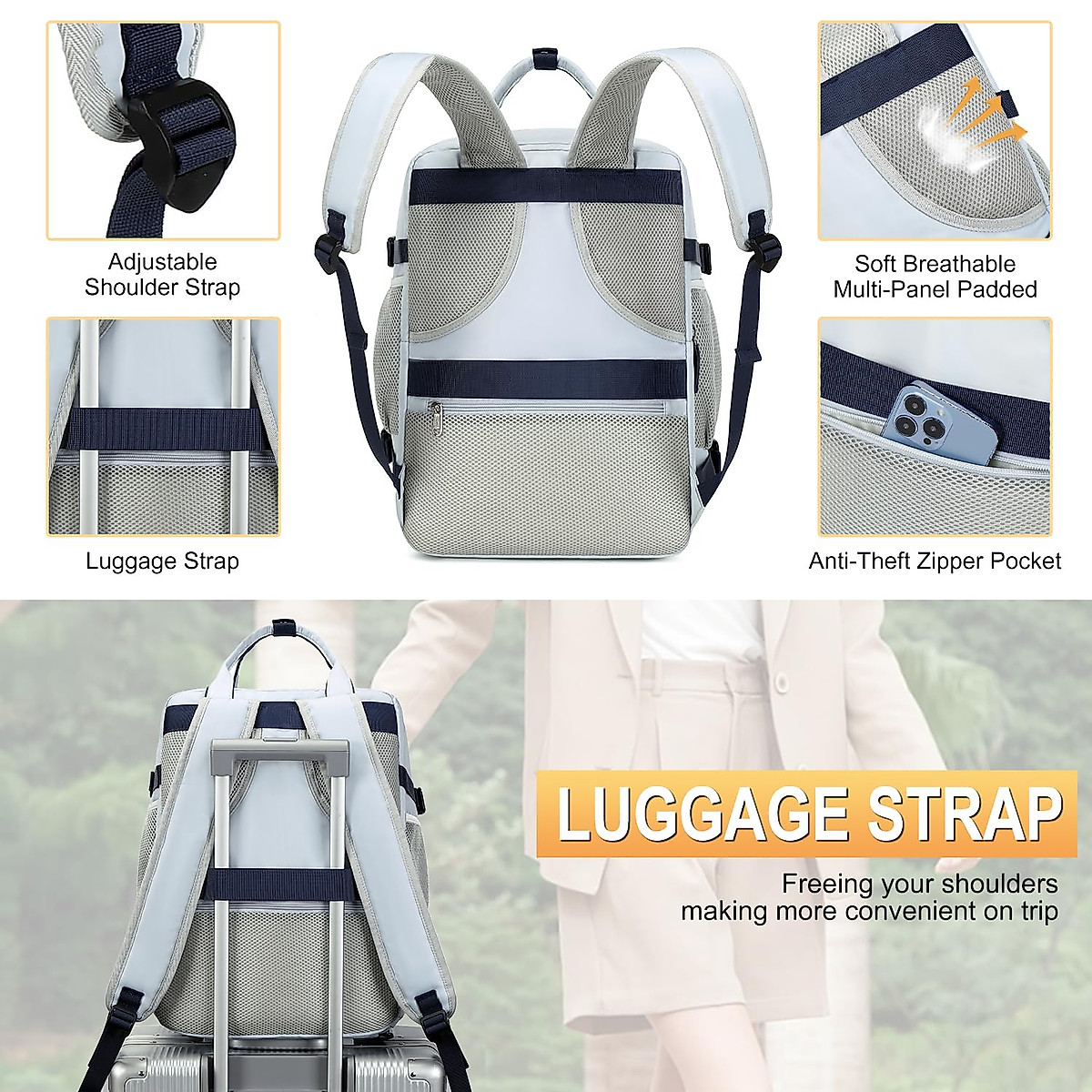 InduSKY Large Travel Backpack for Women, 40L Carry On Backpack Airline Flight Approved with USB Charging Port Shoes Compartment, Personal Luggage Backpack Casual Daypack 15.6 Inch Laptop Backpack