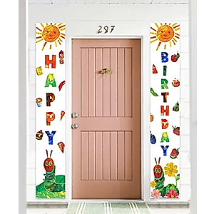 Cartoon Very Hungry Little Green Caterpillar Happy Birthday Banner Backdrop Insects Theme Decor Door Porch Decorations for Boys Girls 1st Birthday Party Baby Shower Supplies Favors Background Gift