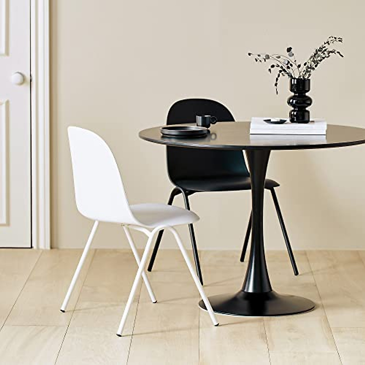 Roomnhome Stackable self-Assembly Plastic seat and Durable Steel Frame Kitchen, Dining, Bedroom Chair Set of 2(White)