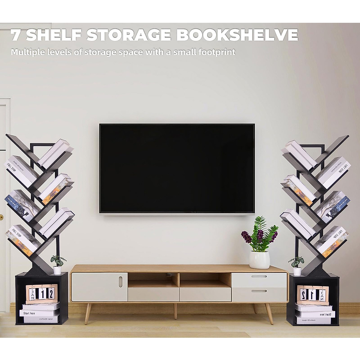 YSVCO 7 Tier Tree Bookshelf, Tall Narrow Wood Book Shelf, Freestanding Bookcase with Storage Cabinet, Floor Standing Display Storage Shelf for CD/Book, Living Room, Home Office Black BS36BS