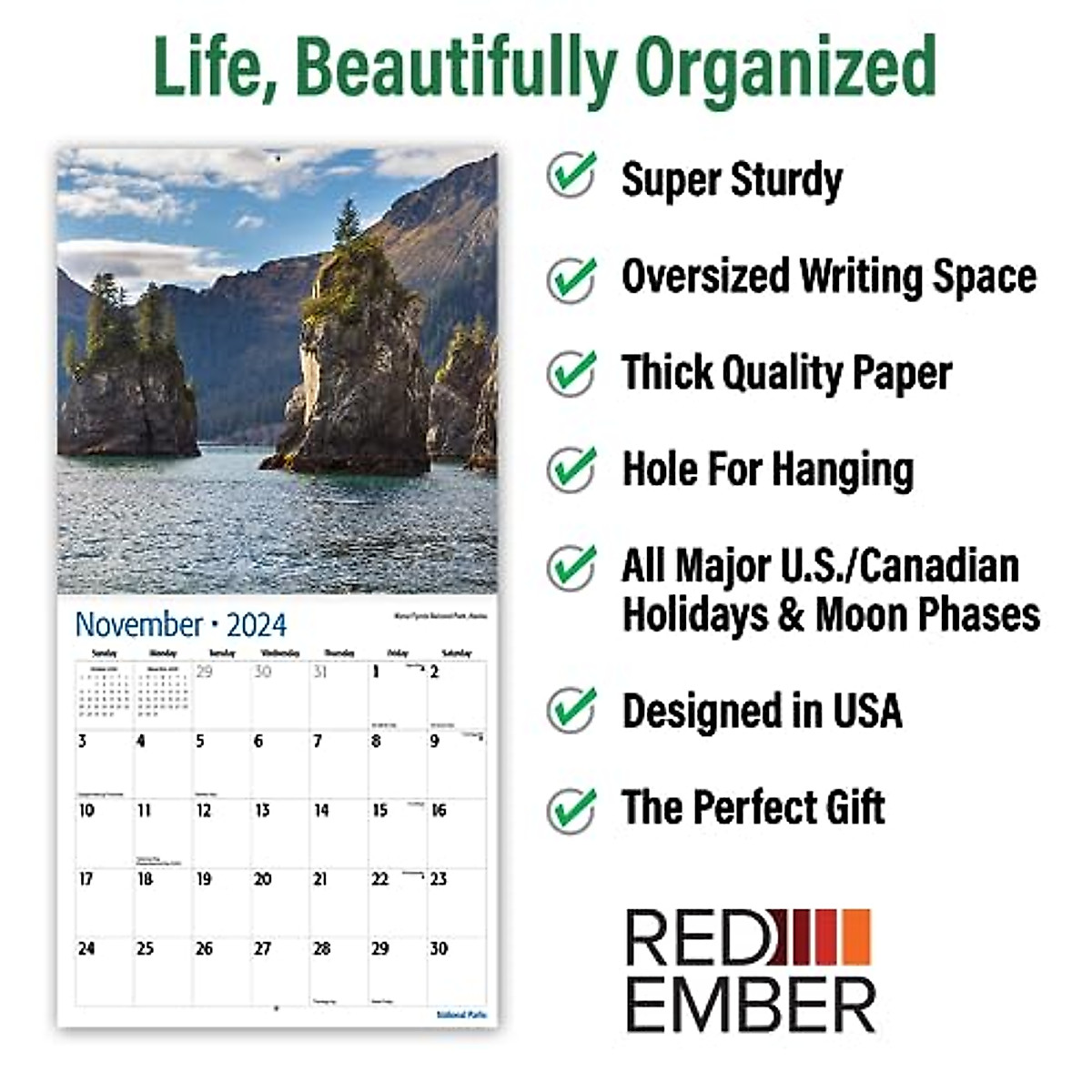 RED EMBER Untamed & Beautiful National Parks 2024 Wall Calendar 12 Month | 12" x 24" Open | Thick & Sturdy Paper | Giftable | Calendar 2024
