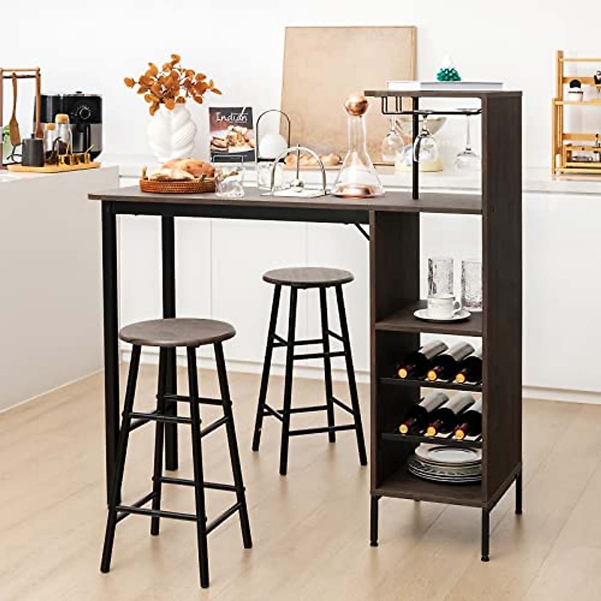 GOFLAME Bar Table and Chairs Set for 2, Counter Height Dining Table Set with Shelves, Cup Holder & Wine Rack, Breakfast Table & Chair Set, 3-Piece Pub Table Set for Kitchen, Dining Room