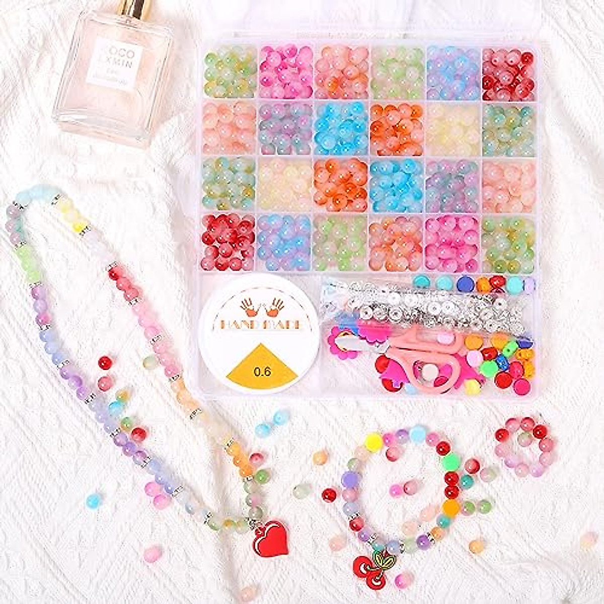 710PCS Glass Beads for Bracelet Making Kit Crystal Beads with Accessories, 8mm Glass Beads for Jewelry Making, Art Round Gemstone Bead DIY for Beading Necklace Adults Beginners