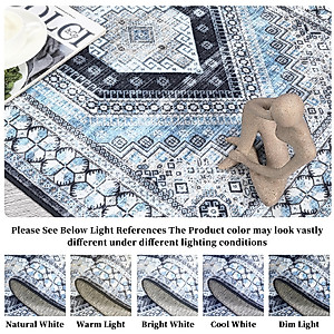 GarveeHome 8x10 Washable Area Rug Boho Living Room Rug Non-Slip Nursery Rug Low-Pile Retro Carpet Print Distressed Rug for for Laundry Dining Room Office, Blue/Grey