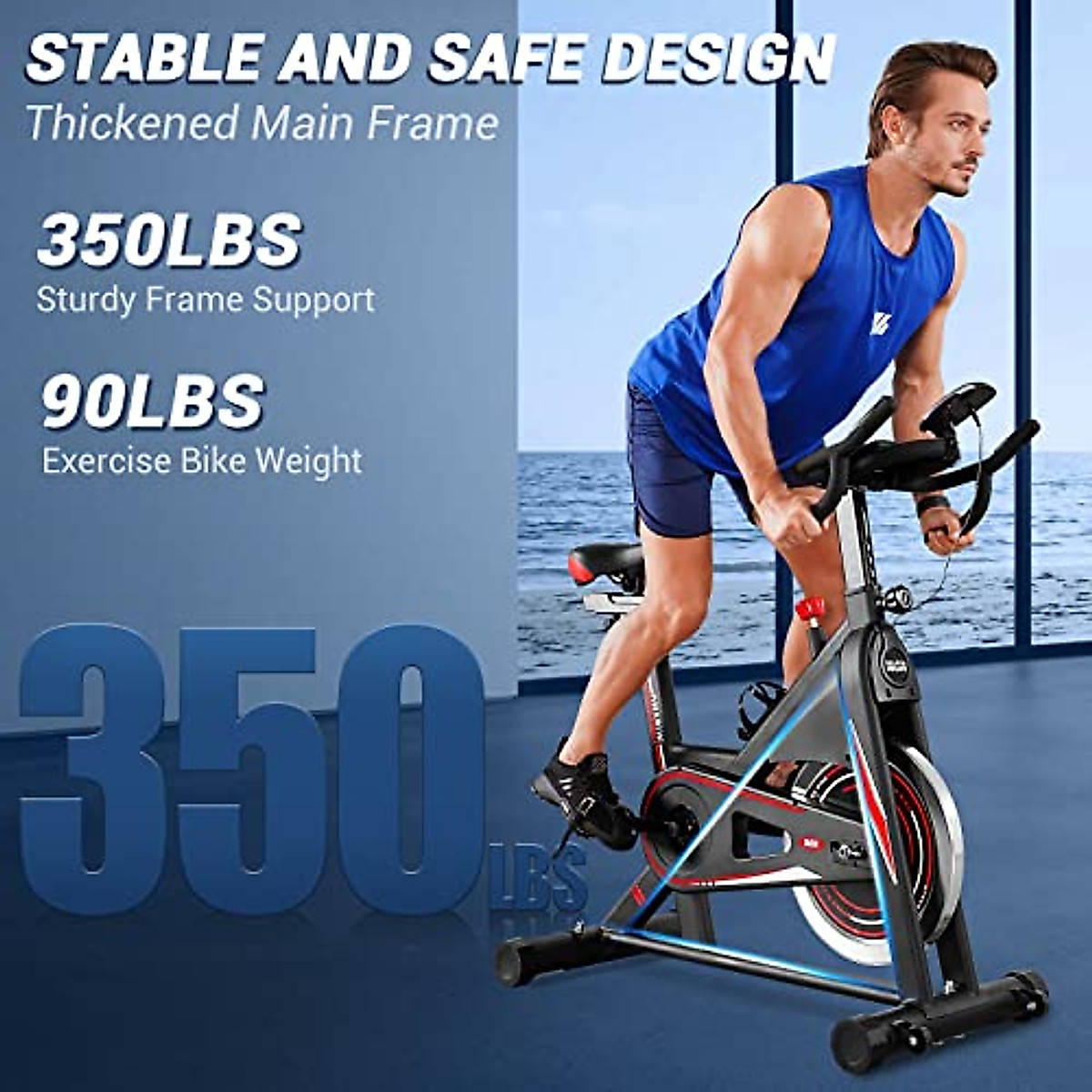 Exercise Bike, DMASUN Magnetic Resistance Pro Indoor Cycling Bike 350lbs Weight Capacity Stationary Bike, Comfortable Seat Cushion, Multi - grips Handlebar, Heavy Flywheel Upgraded Version
