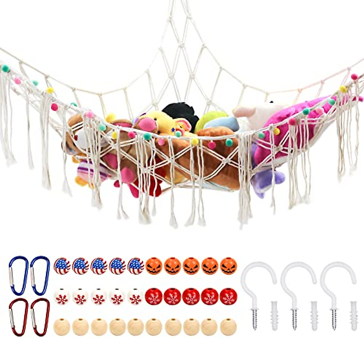 Stuffed Animal Nets, 59 Inches Hanging Stuffed Animal Netting Storage Large Wall Corner Stuffed Animal Hammock Organizer Ceiling Net DIY Beads for Kids Toy Display Bedroom Nursery (59 Inches, White)