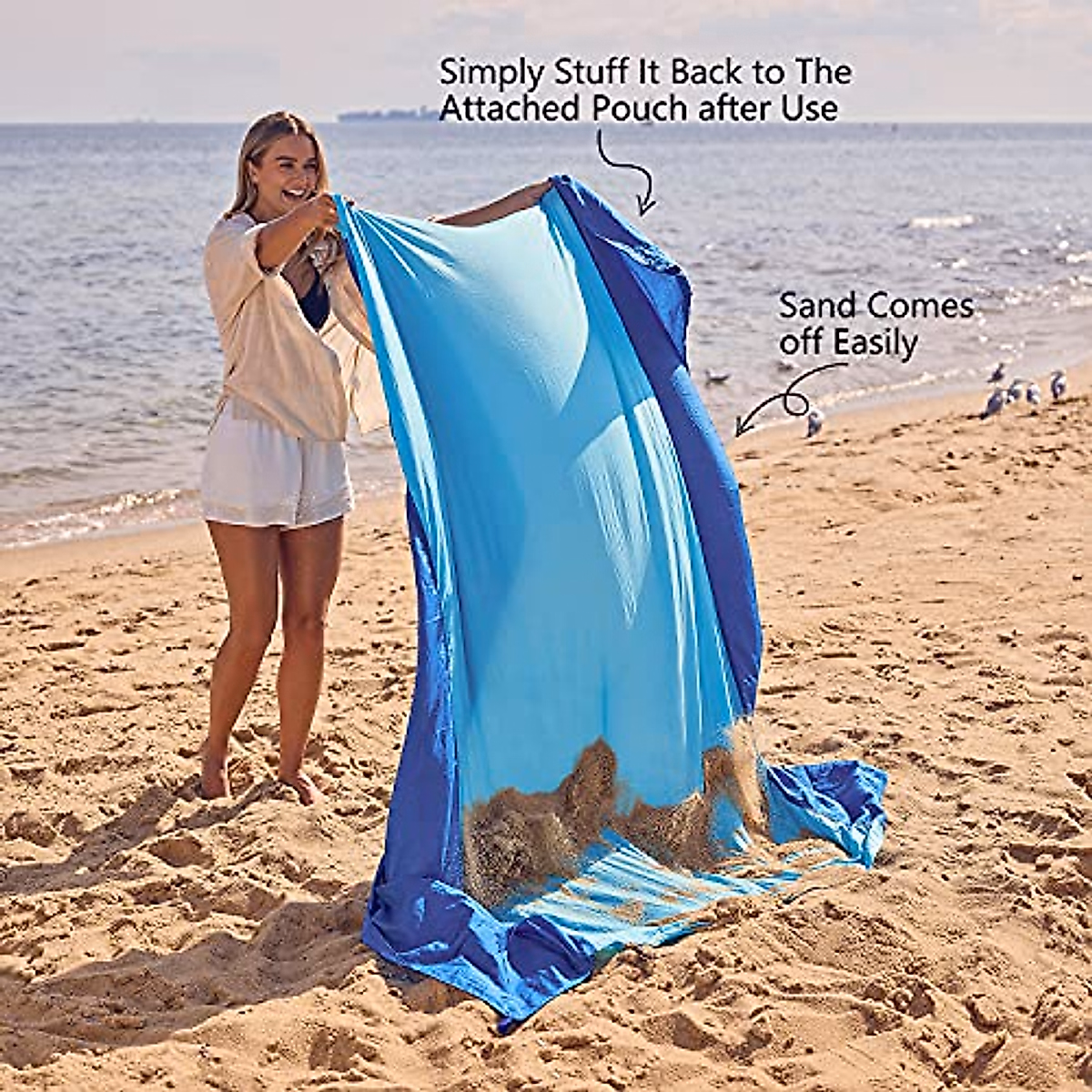 Wekapo Beach Blanket Sandproof, Beach Mat, Big & Compact Sand Free Mat Quick Drying, Lightweight & Durable with 6 Stakes & 4 Corner Pockets, Standard (1~3 person)