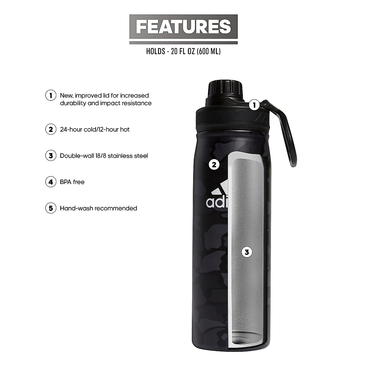 adidas 600 ML (20 oz) Metal Water Bottle, Hot/Cold Double-Walled Insulated 18/8 Stainless Steel, Nomad Camo Grey-Carbon/White/Black, One Size
