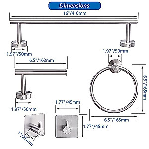 GERUSEA 6 PCS Bathroom Hardware Set, Brushed Nickel Towel Bar, Stainless Steel Towel Rack Wall Mounted Bathroom Accessories Set, 16'' Hand Towel Rod, Toilet Paper Holders, Towel Ring, 3 Towel Hooks