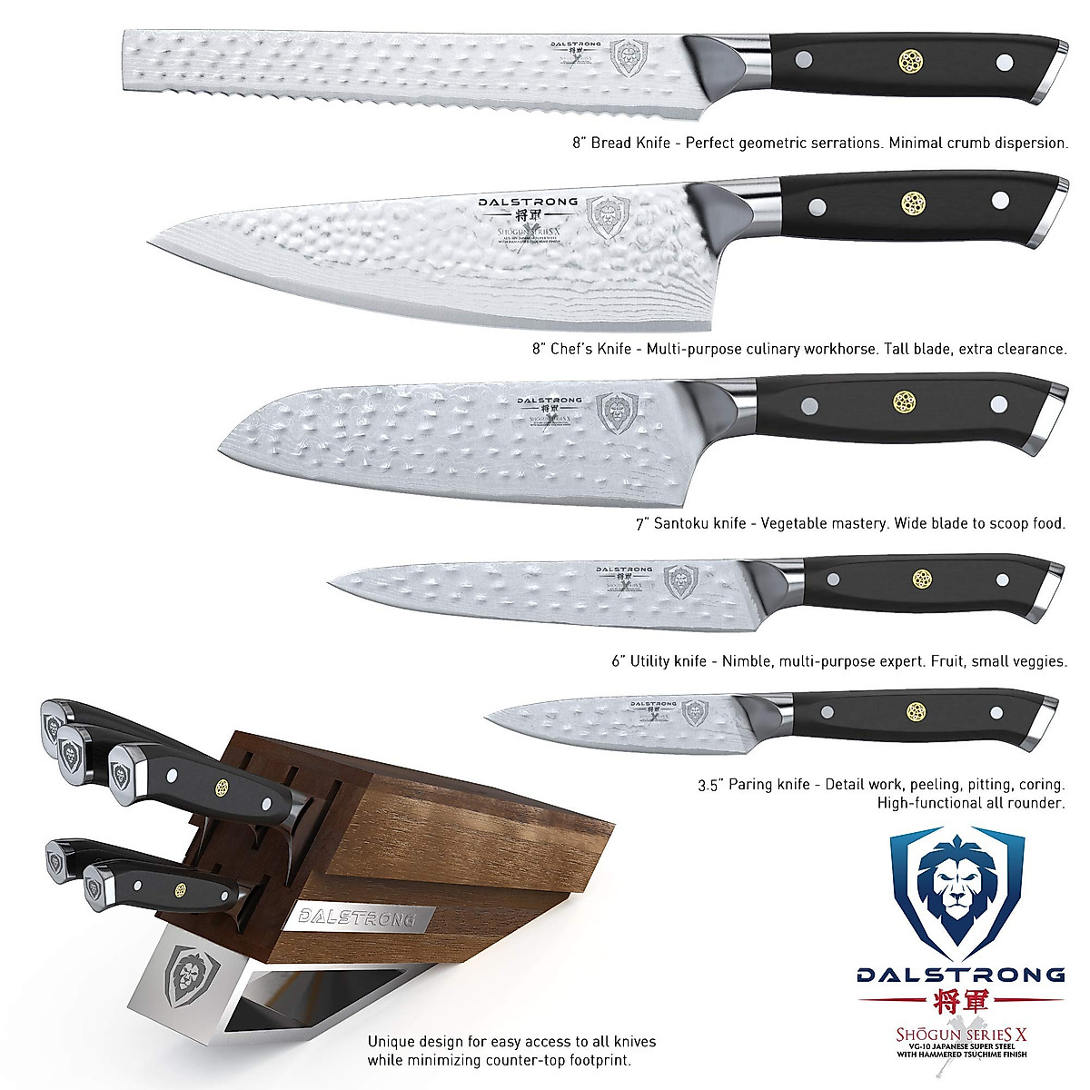 The Shogun Series X 5-Piece Knife Block Set Bundled with The Dalstrong Premium Whetstone Kit - #1000/#6000 Grit with Stand