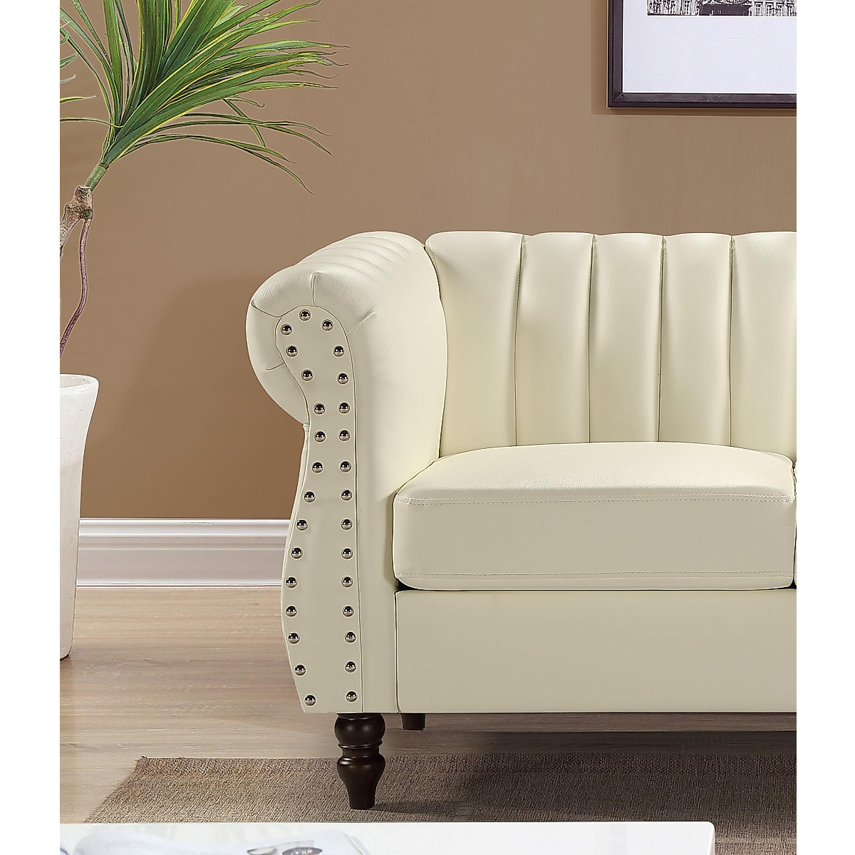 Container Furniture Direct Chesterfield-Inspired 77" Faux Leather Sofa with Elegant Design, Gourd Legs, and Sustainable Pleather Upholstery, 3 Seater Couch for Living Rooms and Offices, Cream White