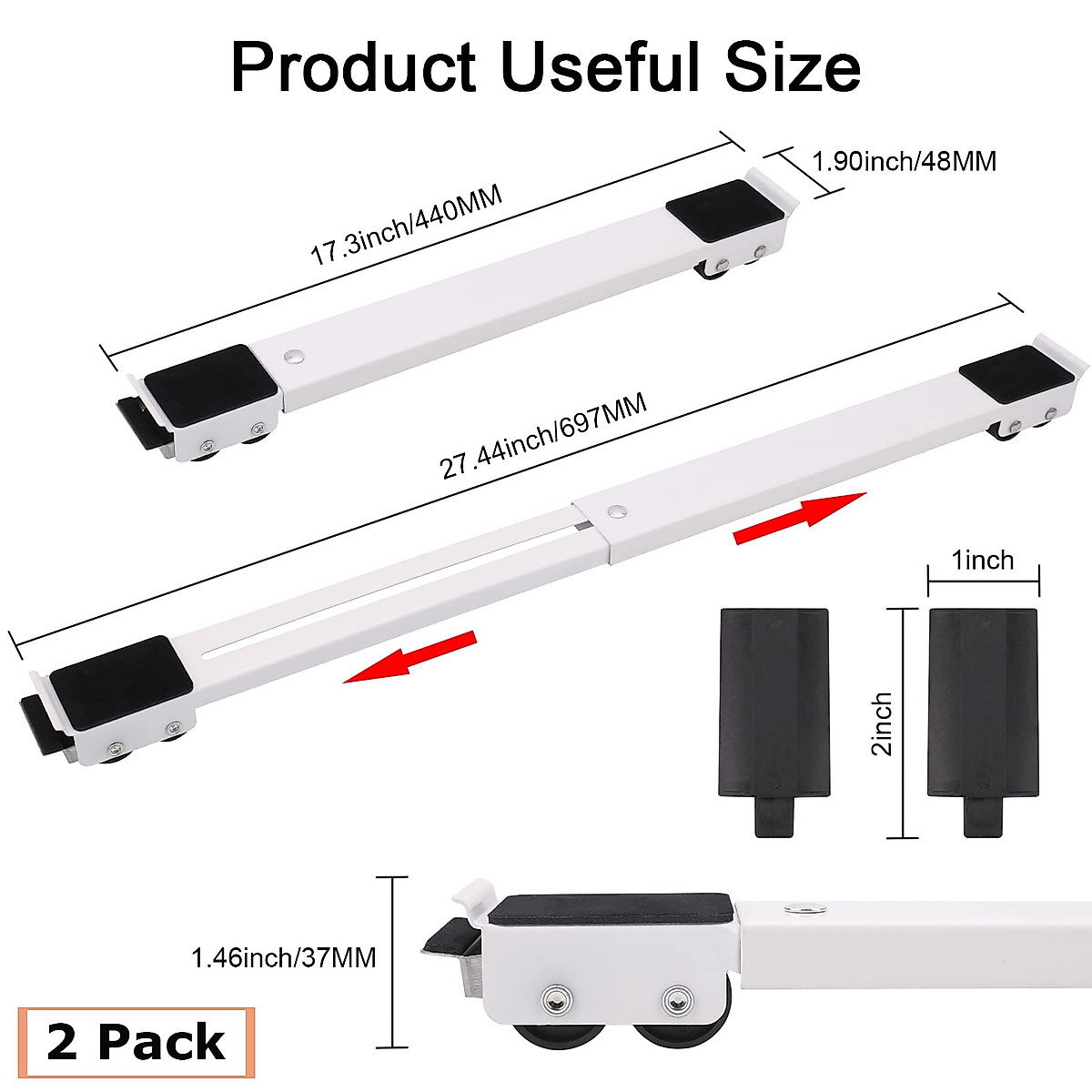 2Pcs Extendable Appliance Furniture Dolly Mobile Roller, Heavy Duty Adjustable Washing Machine Mobile Stand Base, Metal Movable Bracket for Refrigerator Washing Machine Dryers Diswashers Base, White