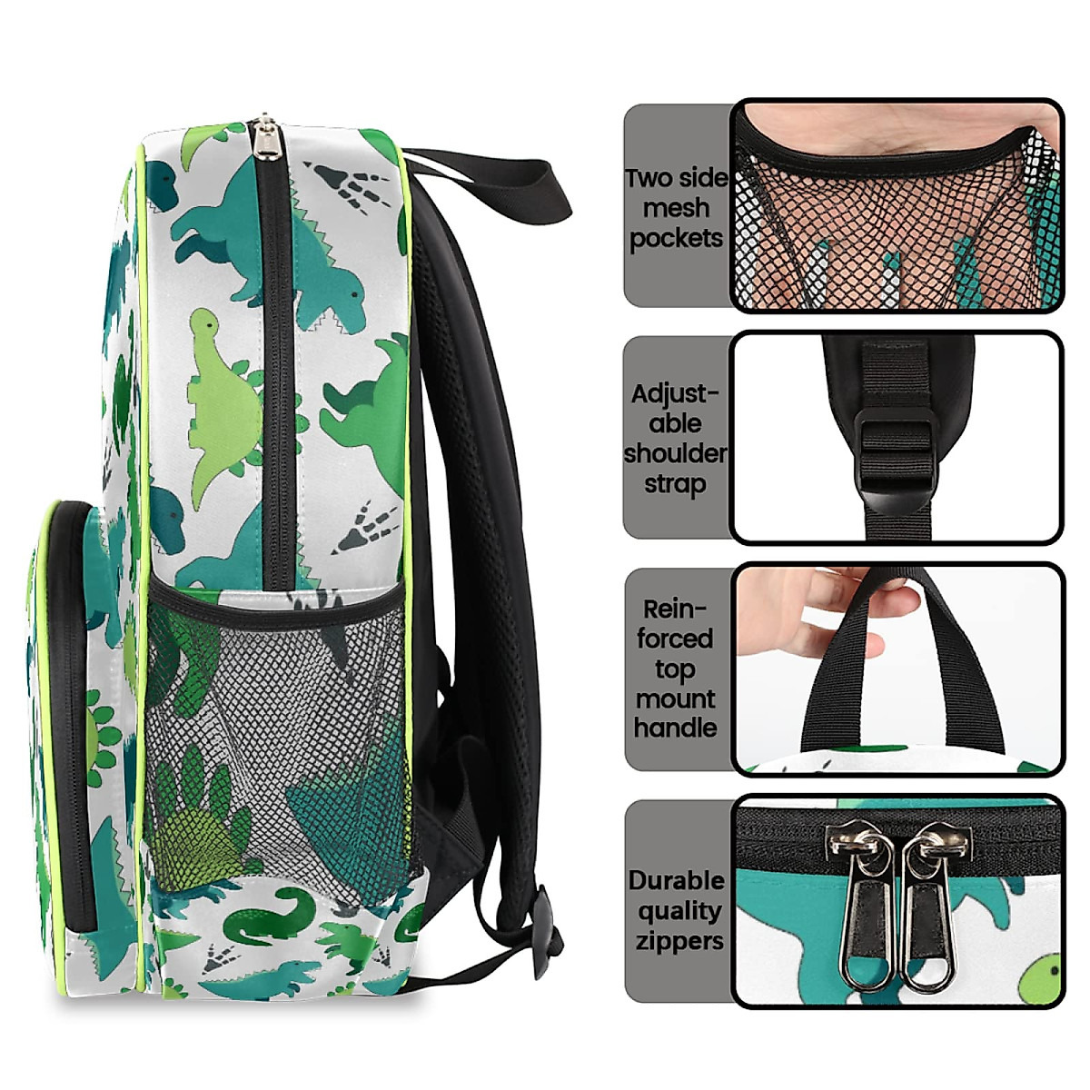 Dinosaur Backpack, Green Dinosaur Footprint Toddler Backpack for Boys 14.2 In, Waterproof Casual Daypack Preschool Backpack Kindergarten School Mini Bookbag with Chest Strap, Durable for Kids Student