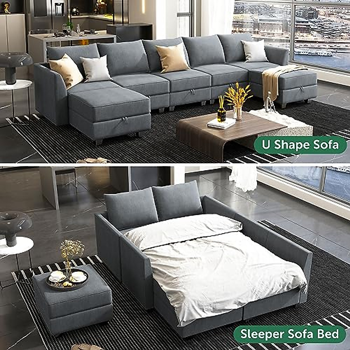 HONBAY Modular Sectional Sofa U Shaped Sectional Souch with Ottoman 7 Seat Modular Sofa with Chaise for Living Room, Bluish Grey