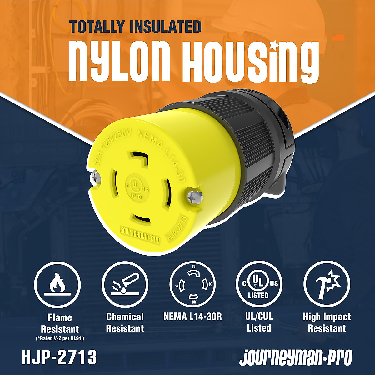 Journeyman-Pro 2713 30 Amp, 125/250 Volt, NEMA L14-30R, 3P, 4W, Locking Plug Connector, Black Industrial Grade, Grounding 7500 Watts Generator Rating (L14-30R (Female Plug))