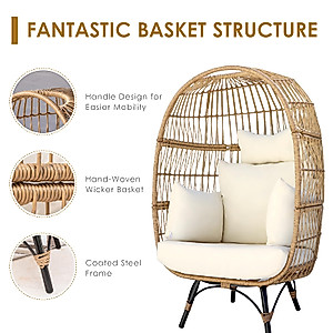 FINCATI Outdoor Indoor Egg Chair, 440lb PE Rattan Wicker Oversized Lounger Egg Basket Chair with Cushion, Patio Stationary Egg Chair for Bedroom Backyard Living Room Beige