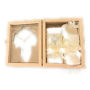 Catholic Baptism Kit in a Wooden Box with Towel, Candle, Rosary and Shell for Baby Boys and Girls. Handmade in Mexico Gift for Godparents. Holy Spirit Baptism Candle Set. Kit de Bautizo