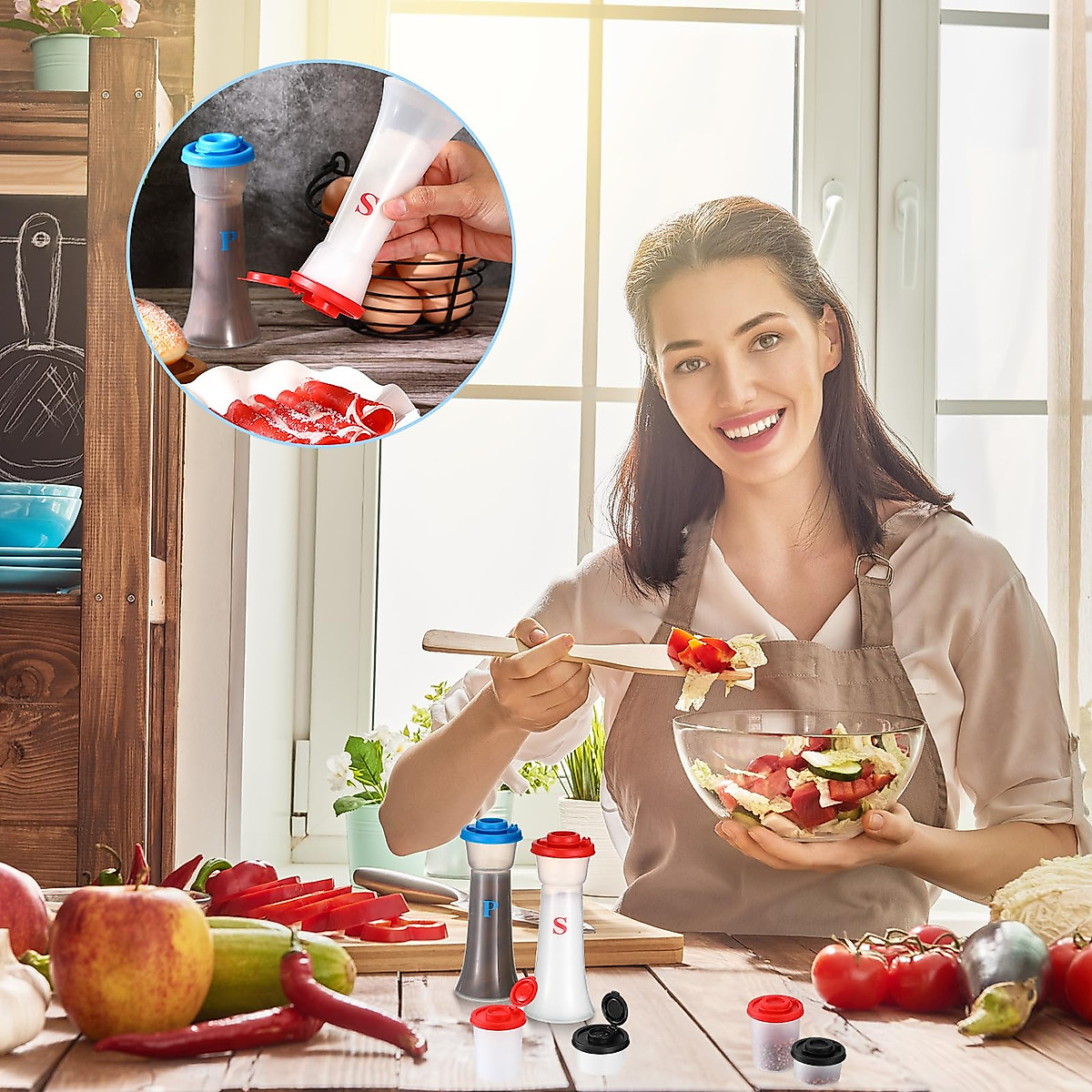 Baderke 6 Pcs Salt and Pepper Shaker Set Hourglass Plastic Salt and Pepper Shakers with Lids Airtight Spice Jar Dispenser for Restaurant Kitchen Camping Outdoor, 3 Sizes