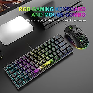 60% Gaming Keyboard and Mouse Combo Duble Color Keycaps Samll RGB Backlight Mechanical Feeling and Mechanical RGB 6400 DPI Honeycomb Optical Mouse,Gaming Mouse pad for Gamers and Typists