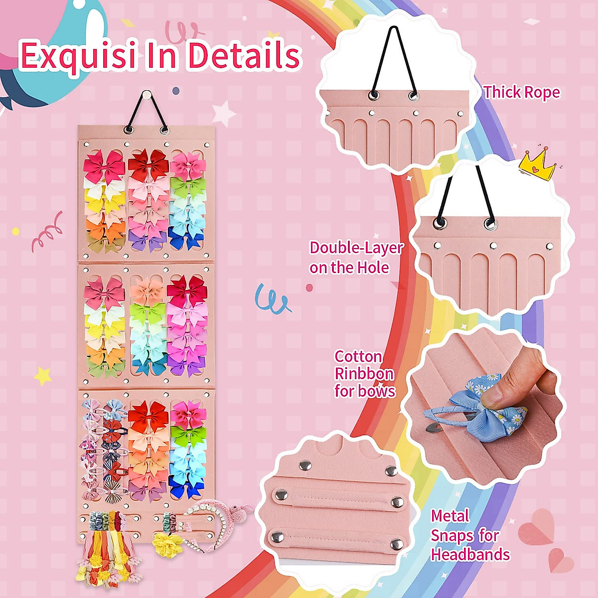 SKYNEO Bows Holder for Baby Girls, Hanging Headbands Organizer,Baby Bow Holder Organizer w/Heart-Shape Velvet Hooks for Baby Hair Accessories (Pink)