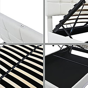 Bellemave Queen Lift Storage Bed with LED Lights and USB Charger, PU Upholstered Queen Platform Bed with Hydraulic Storage System for Kids Teens and Adults, No Box Spring Needed (Queen, White)