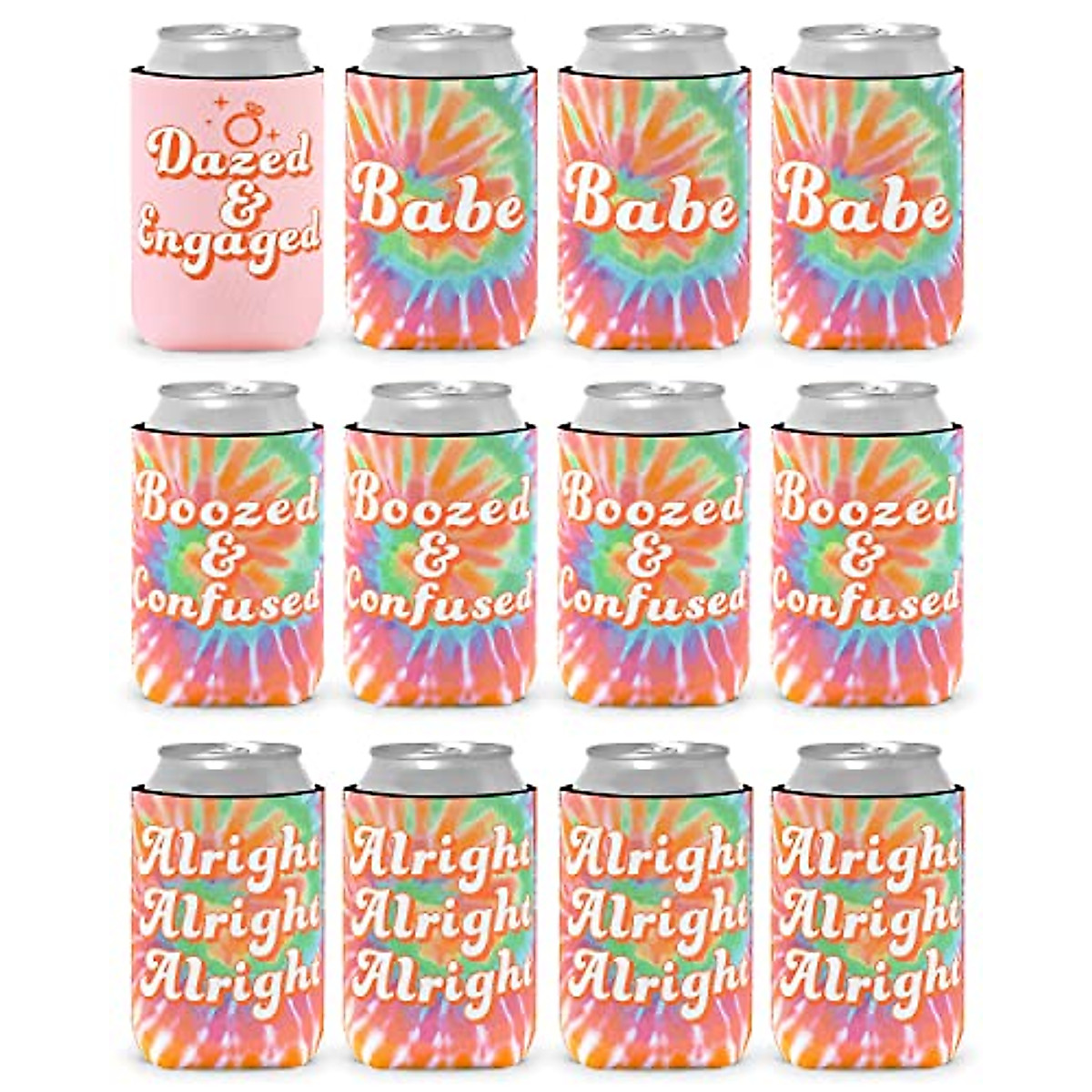 12 PCS Hippie Tie Dye Bachelorette Party Can Sleeves Dazed and Engaged Beverage Sleeves Retro Bridal Shower Party Supplies Bride Babe 60s 70s Hippie Party Decoration