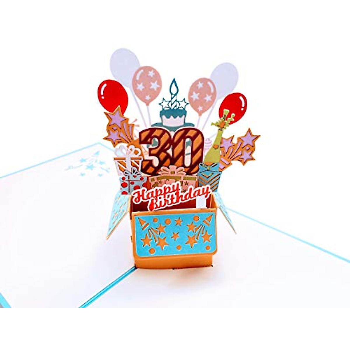 iGifts And Cards Happy 30th Blue Birthday Party Box 3D Pop Up Greeting Card - Thirty, Awesome, Cute, Congrats, Unique, Gift, Presents, Celebration, Feliz Cumpleaños, Balloons