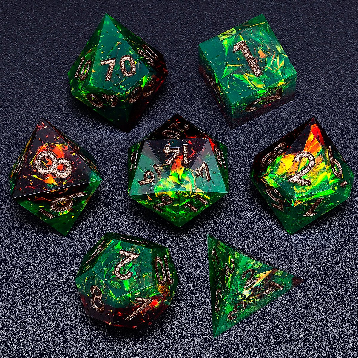 DND Dice Sharp Edge Dice Polyhedral Dice Mini Planet Dice Dungeons and Dragons Dice Handmade Dice Set Peachy Galaxy (Jungle FIRE)