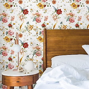 VEELIKE 17.7''x118'' Peel and Stick Wallpaper Vintage Pink/Red/Yellow Bouquet Floral Wallpaper Removable Self Adhesive Vinyl Decorative Contact Paper for Bedroom Bathroom Walls Cabinets