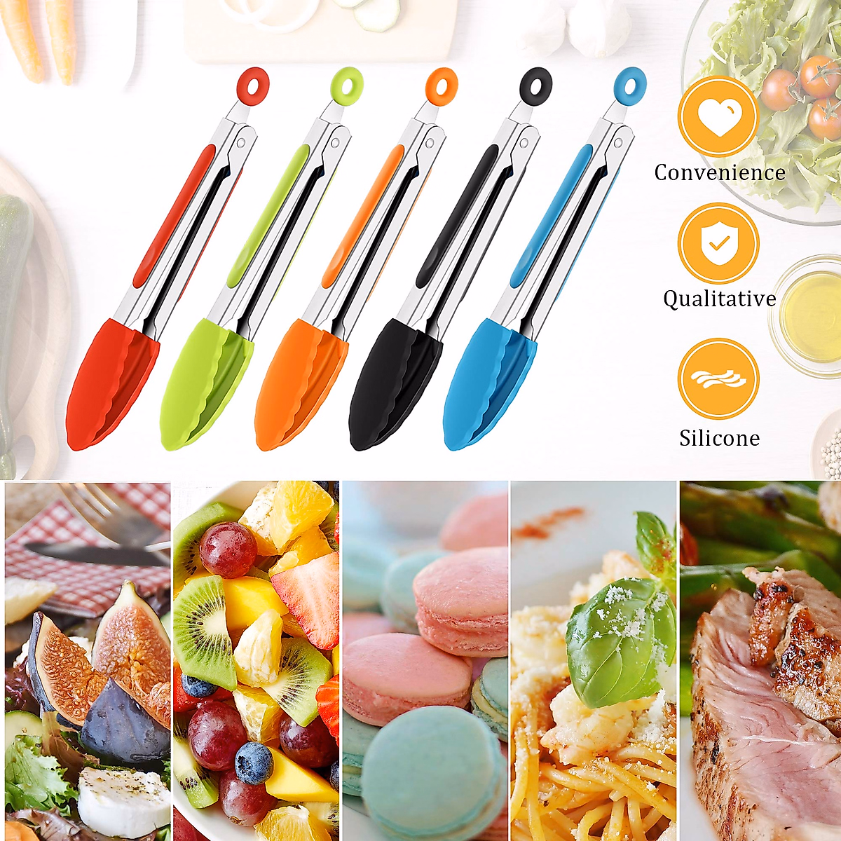 Mudder 7 Inch Mini Serving Kitchen Tongs with Silicone Tips, Stainless Steel Tongs for Salad, Grilling, Frying and Cooking, 5 Pieces